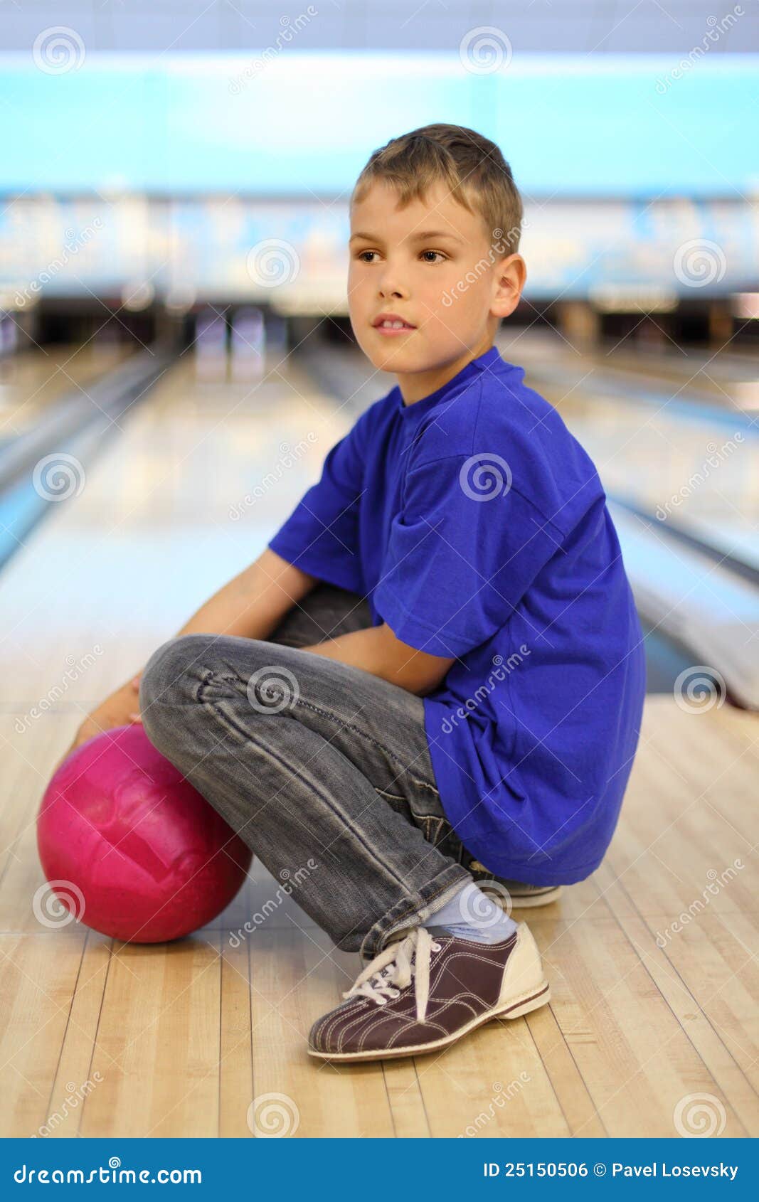 Boy with Ball Sits on Floor in Bowling Stock Photo - Image of bowl ...