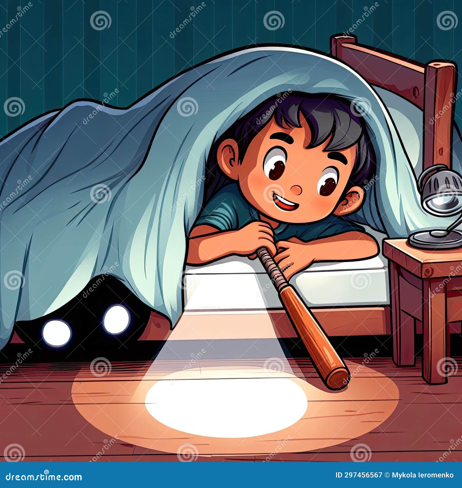 A Boy with a Baseball Bat and a Flashlight is Afraid of a Monster ...
