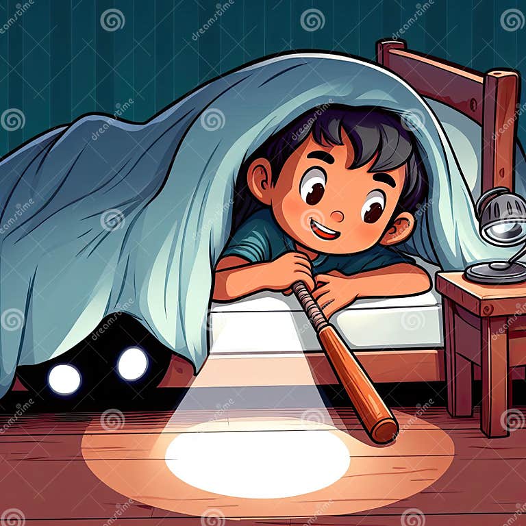 A Boy with a Baseball Bat and a Flashlight is Afraid of a Monster ...