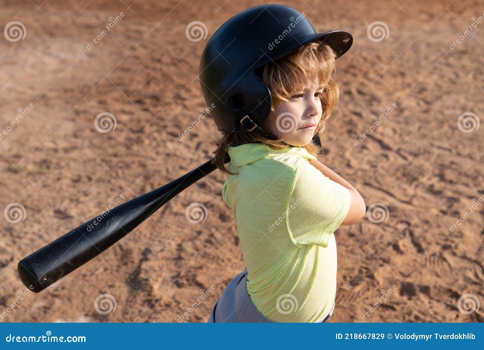 Boy in Baseball Helmet and Baseball Bat Ready To Bat. Stock Image ...