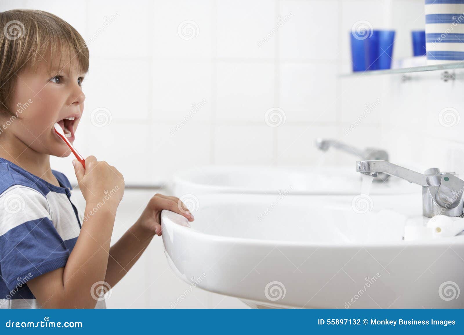 Boy in Bathroom Brushing Teeth Stock Photo - Image of people, cleaning ...