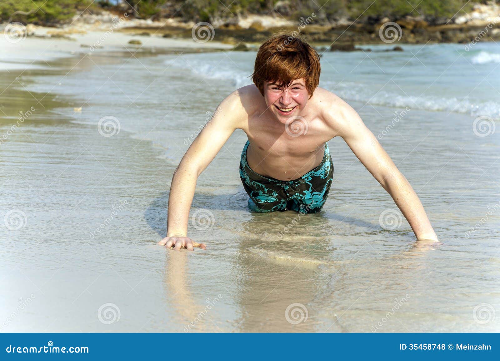 Boy at the Beautiful Beack Trains Push-ups Stock Photo - Image of ...