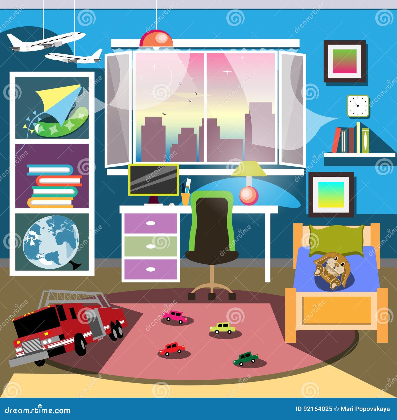 Boy Bedroom Interior. stock vector. Illustration of bedroominterior ...