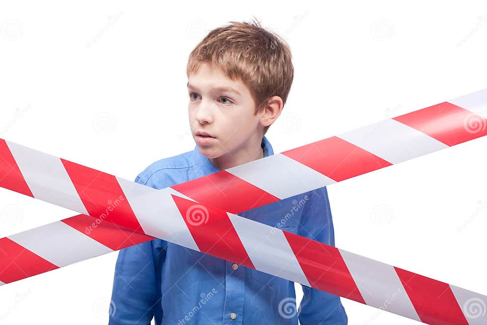 Boy behind cordon tape stock photo. Image of head, cordon - 17752180