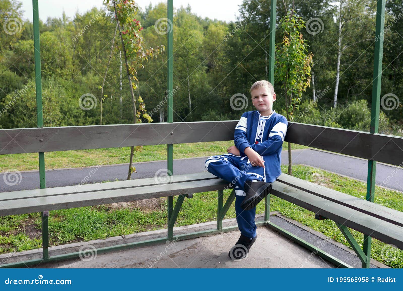 Boy on bench in park stock photo. Image of green, rural - 195565958