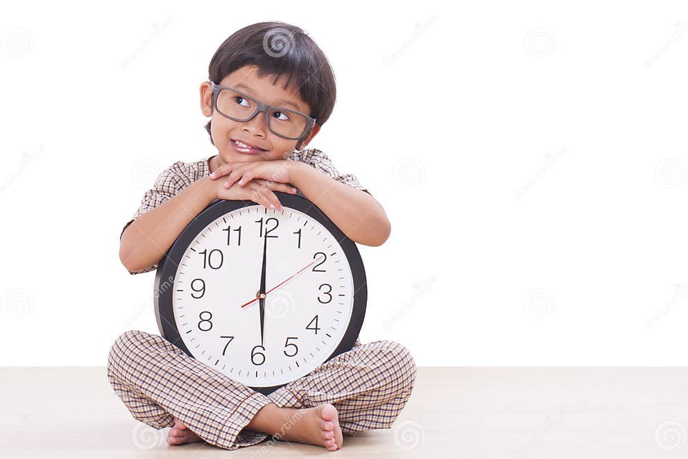Boy and big clock stock image. Image of happy, morning - 41465347
