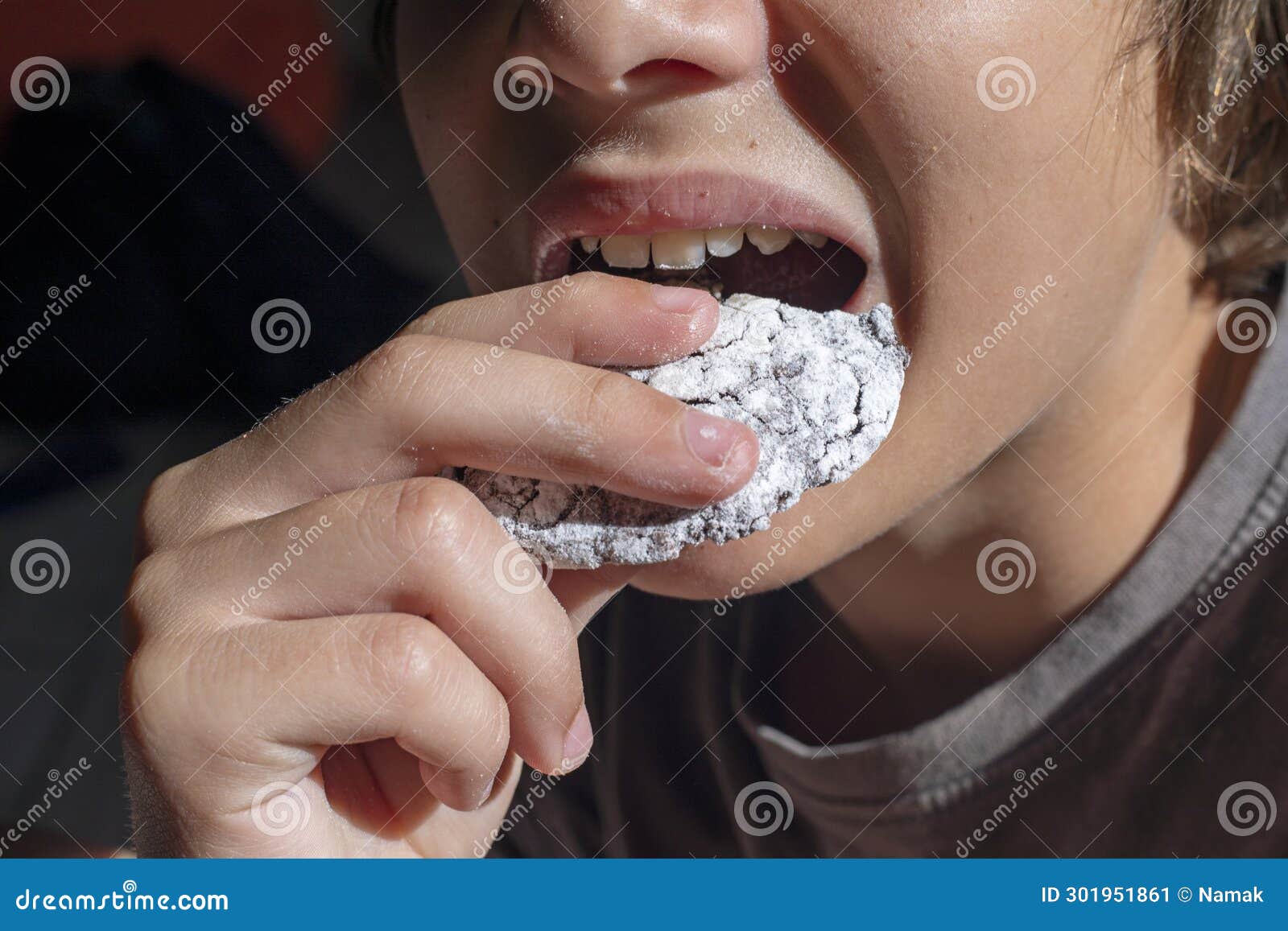 Boy Bites Off a Piece of Chocolate Cookie Sprinkled with Sugar Stock ...