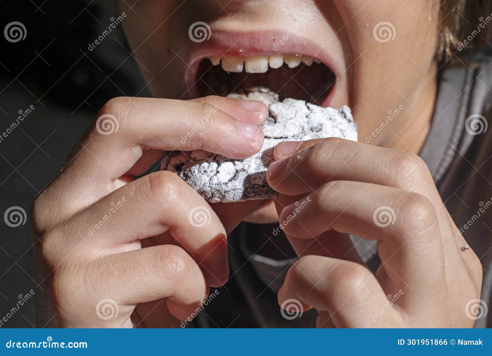 Boy Bites Off a Piece of Chocolate Cookie Sprinkled with Sugar Stock ...