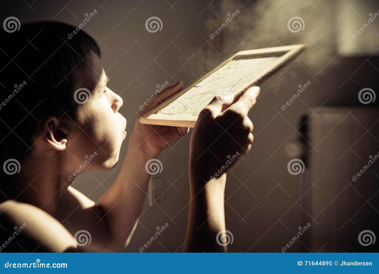 Boy Blowing Dust from Chalk Board Stock Image - Image of single ...