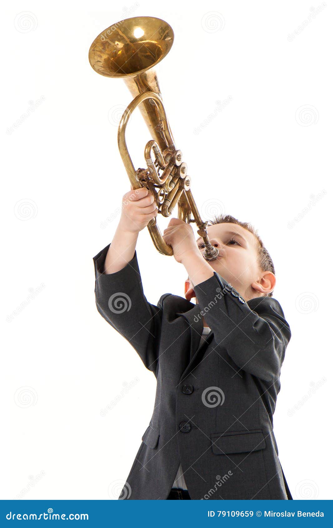 Boy Blowing into a Trumpet Against White Background Stock Image - Image ...