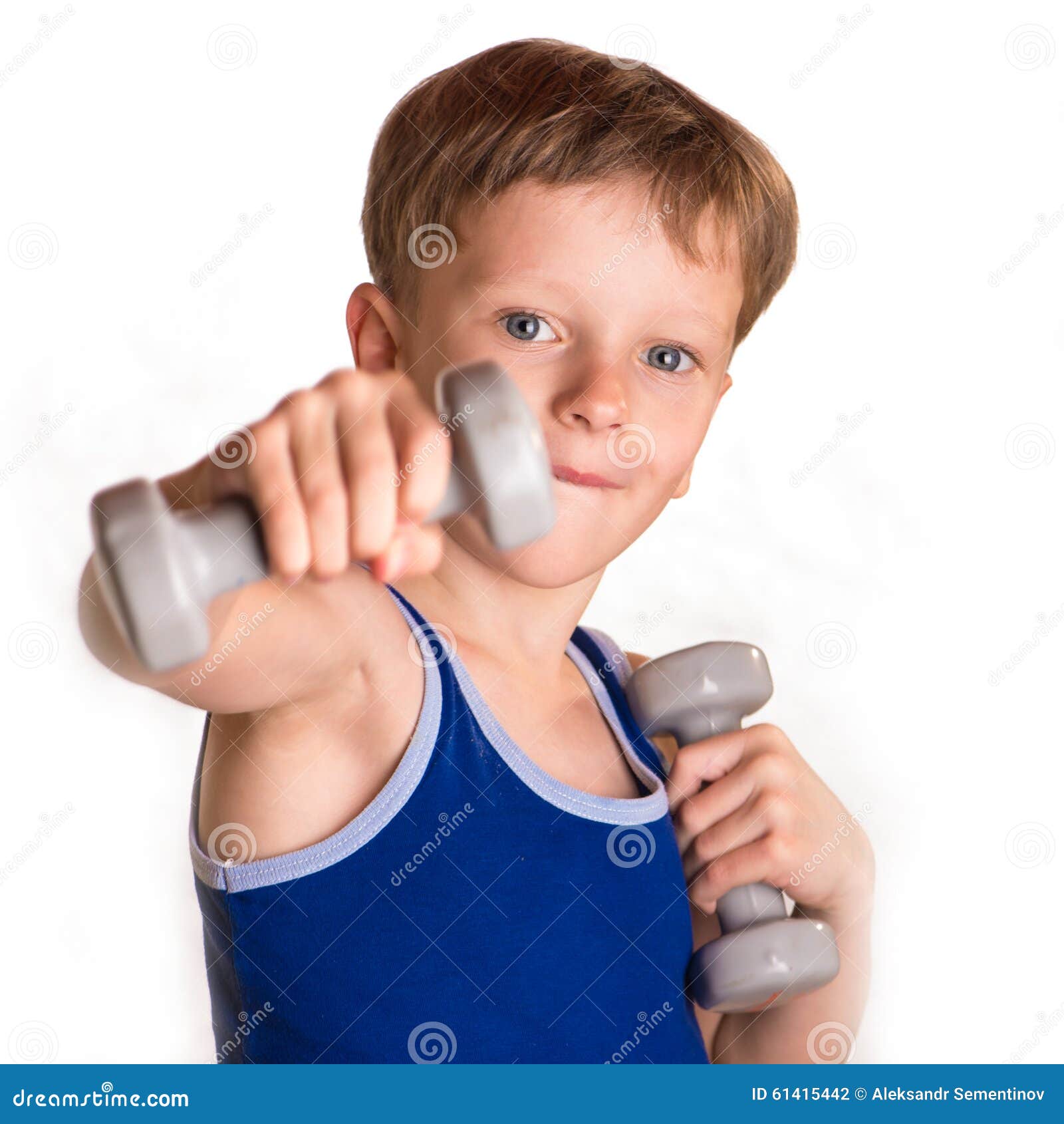 Boy Blue Shirt Doing Exercises with Dumbbells Over White Background ...