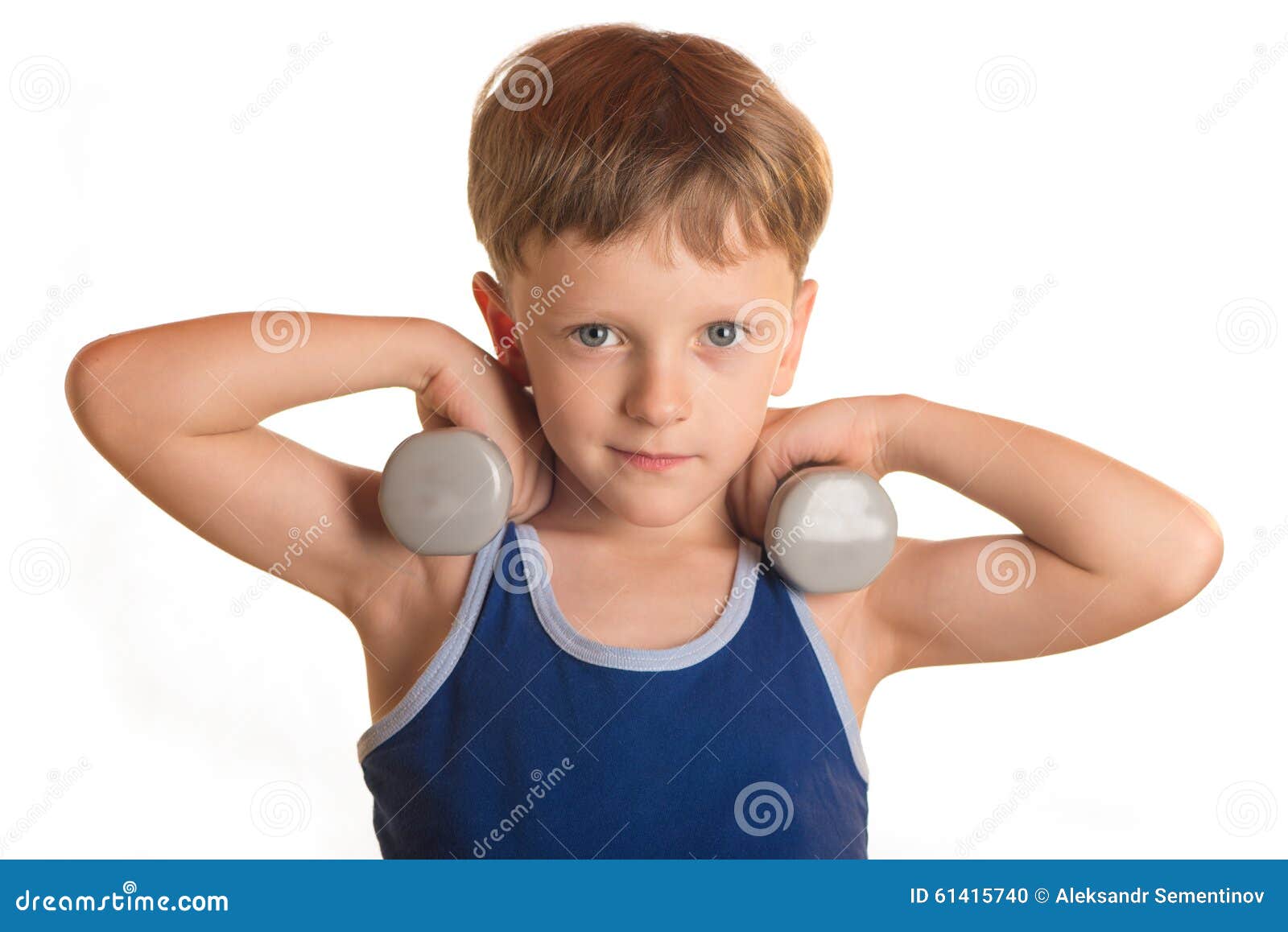 Boy Blue Shirt Doing Exercises with Dumbbells Over White Background ...