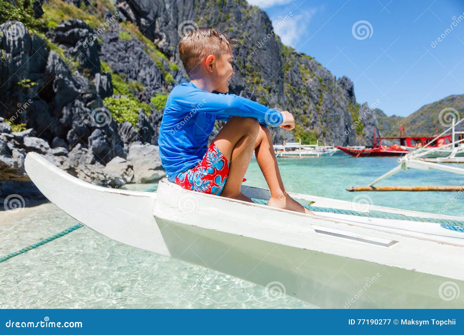 Boy on the boat stock image. Image of healthy, head, flippers - 77190277