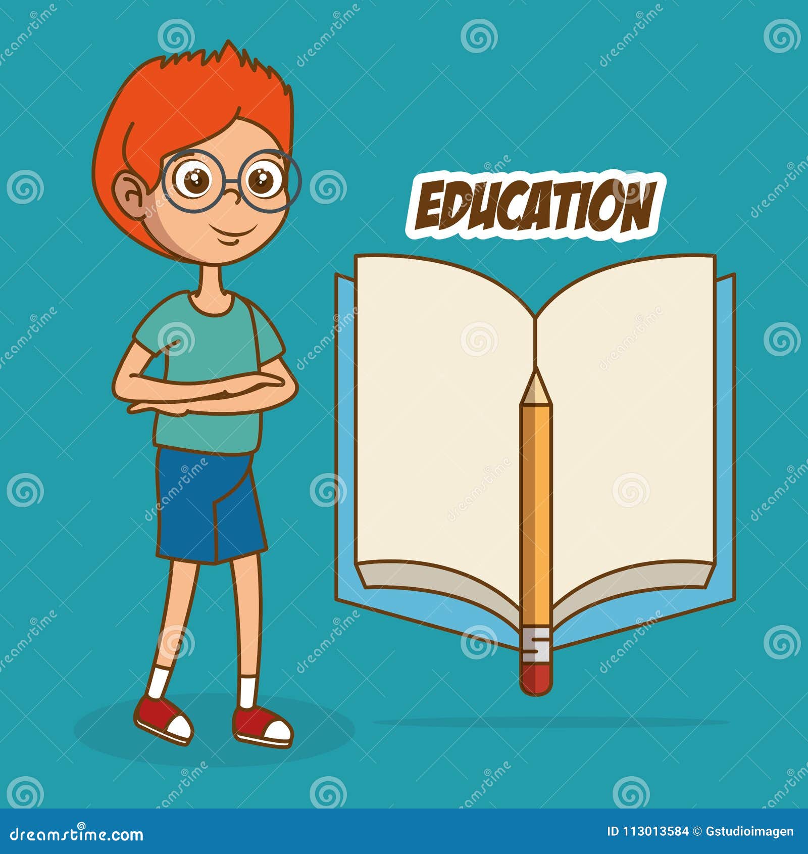 Boy with book and pencil stock vector. Illustration of character ...