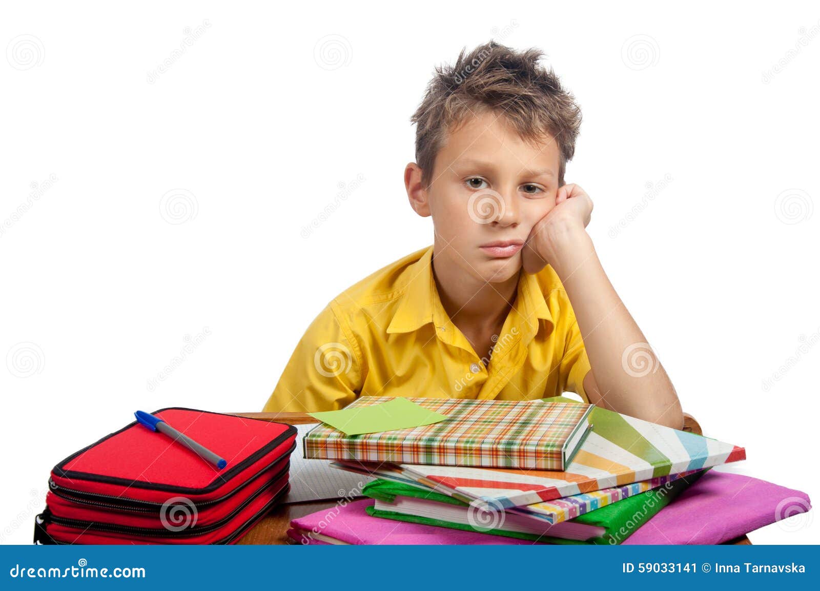 Boy with Books Looking Bored. All on White Background. Stock Image ...