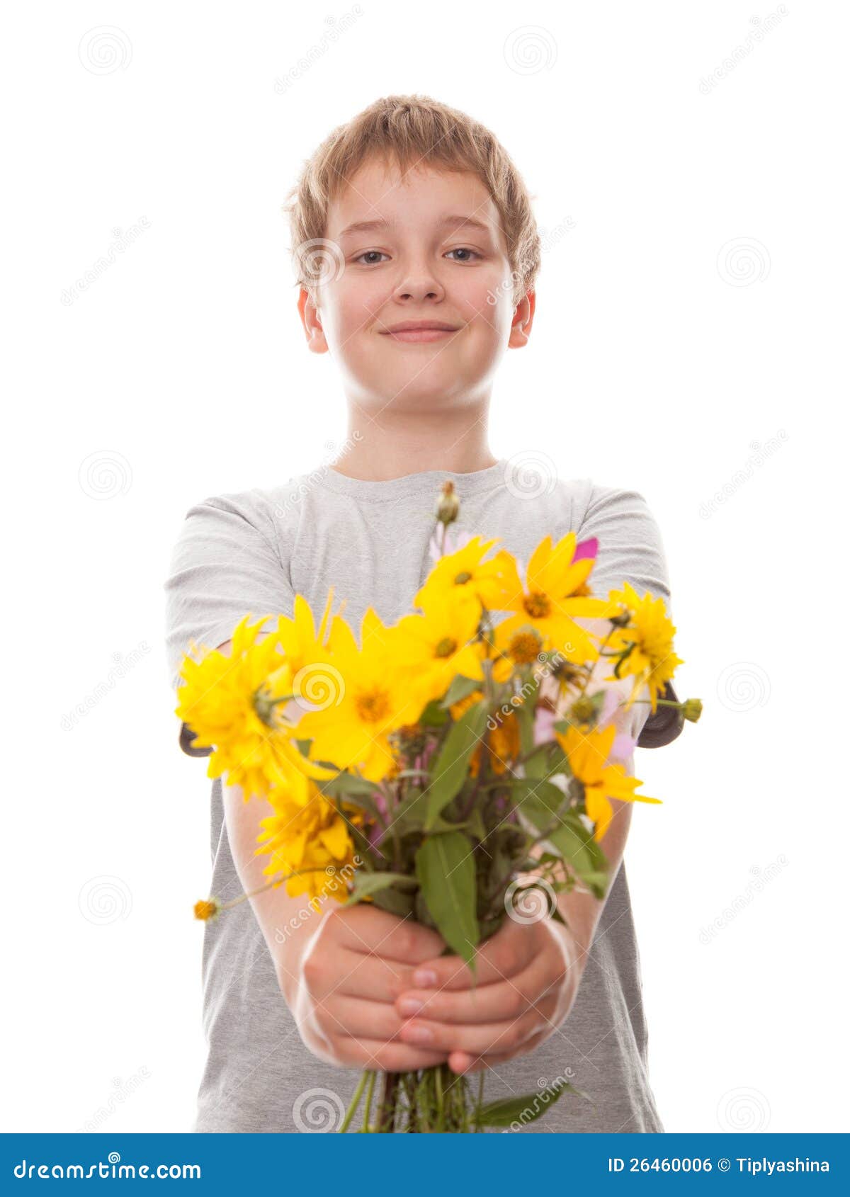 Boy with a Bouquet of Flowers Stock Photo - Image of present, mother ...