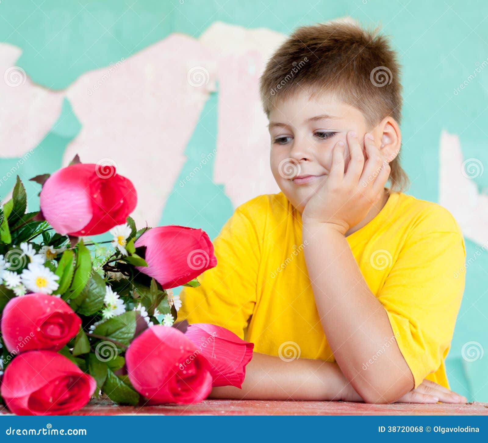 Boy with bouquet of roses stock photo. Image of nine - 38720068