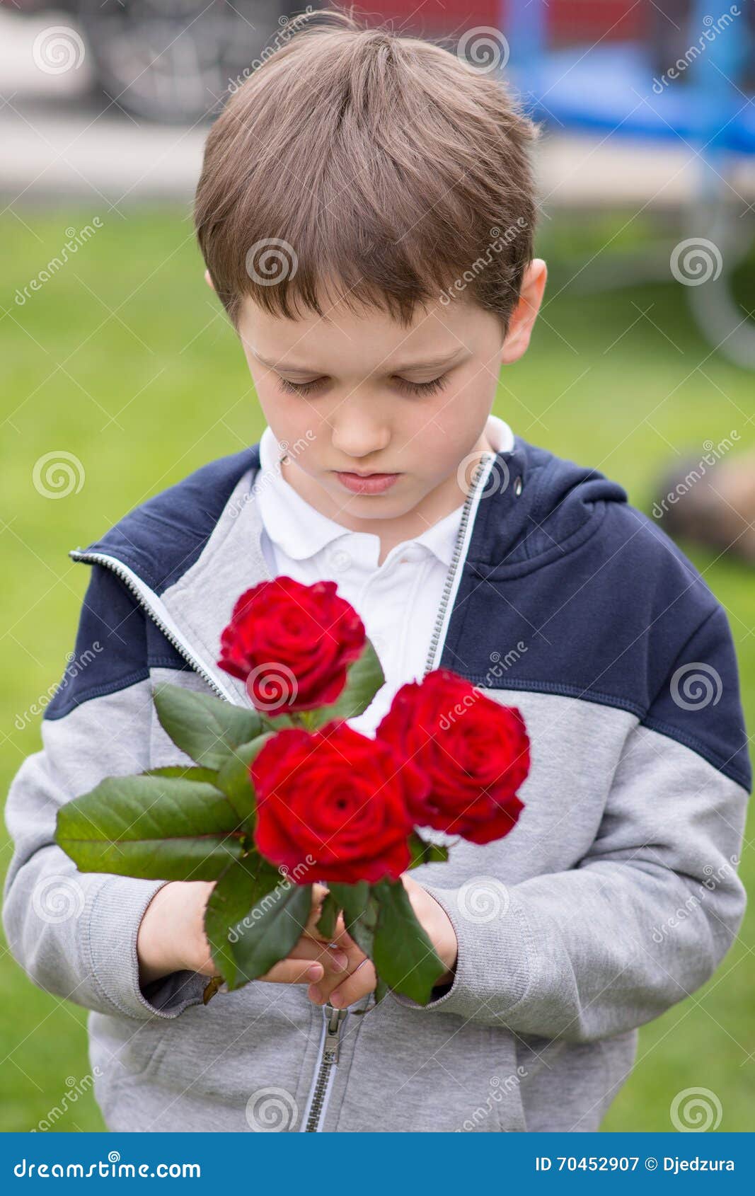 Boy with a Bouquet of Roses for His Mother Stock Image - Image of ...