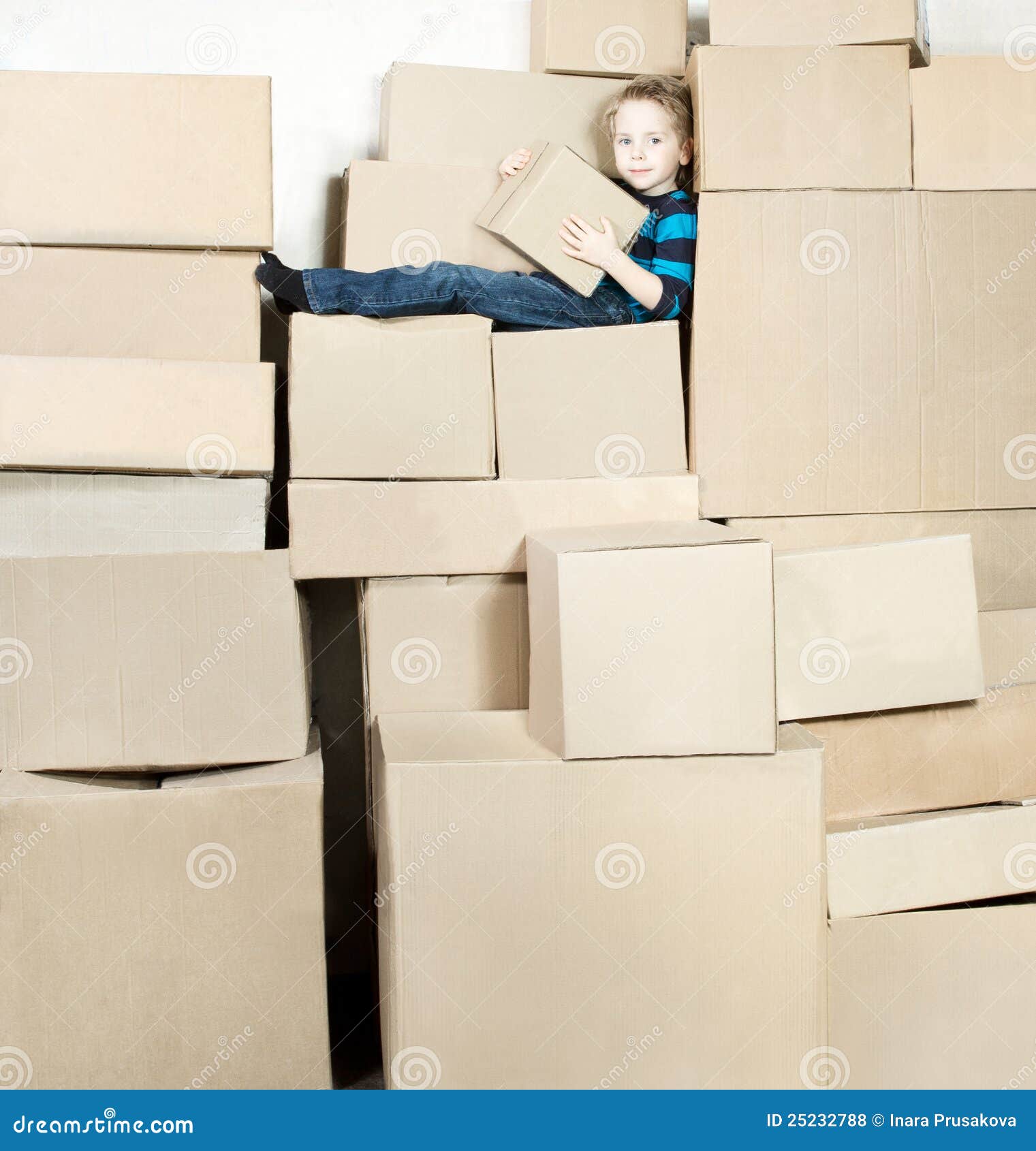Boy with Box Sitting on Heap Boxes Stock Photo - Image of problem ...