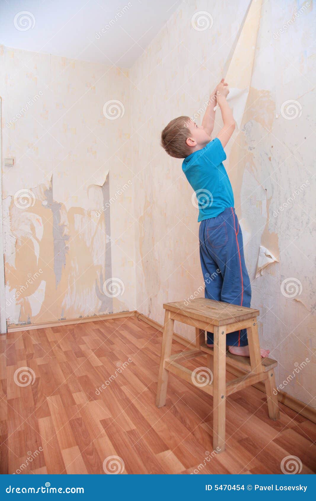 Boy Breaks Wallpapers from Wall Stock Photo - Image of barefoot, person ...