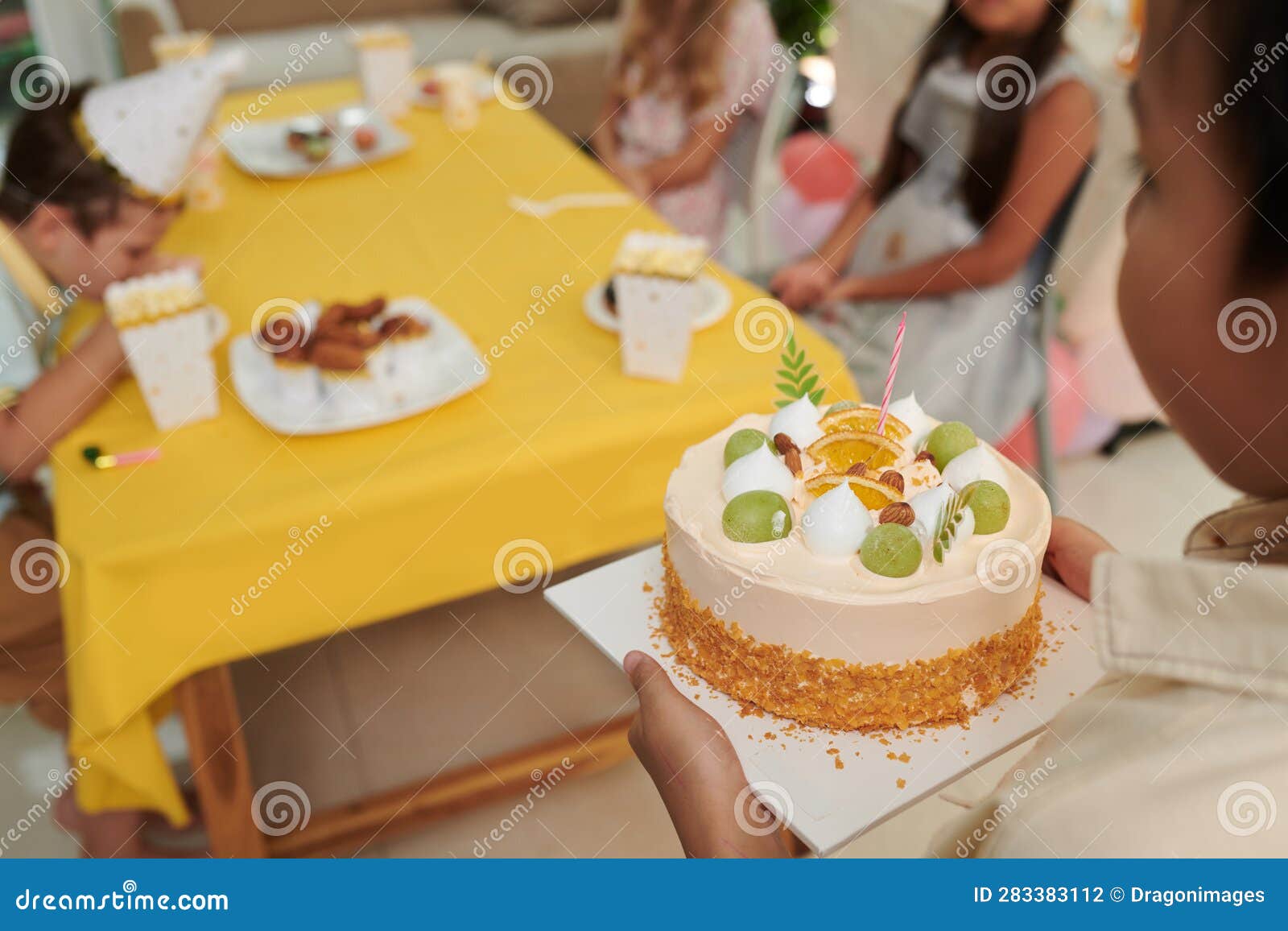 Boy Bringing Birthday Cake To Table Stock Photo - Image of snack ...