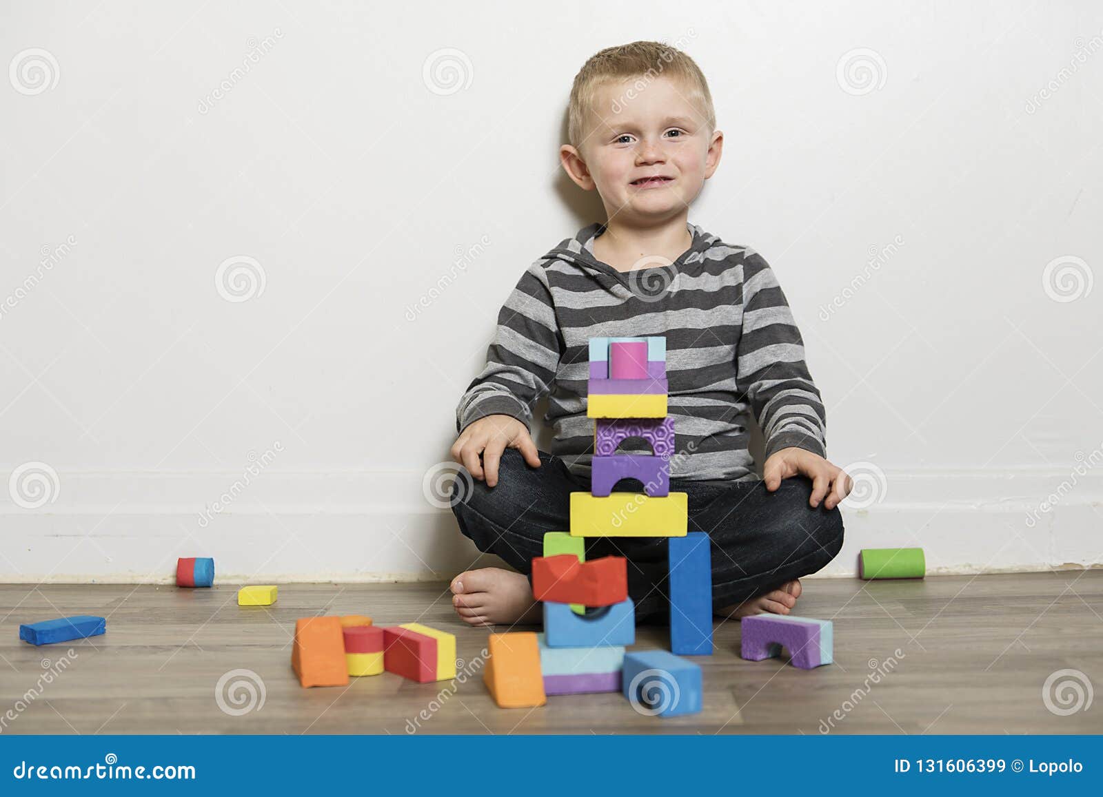 Boy Building with Blocks Sit on the Floor Stock Image - Image of floor ...