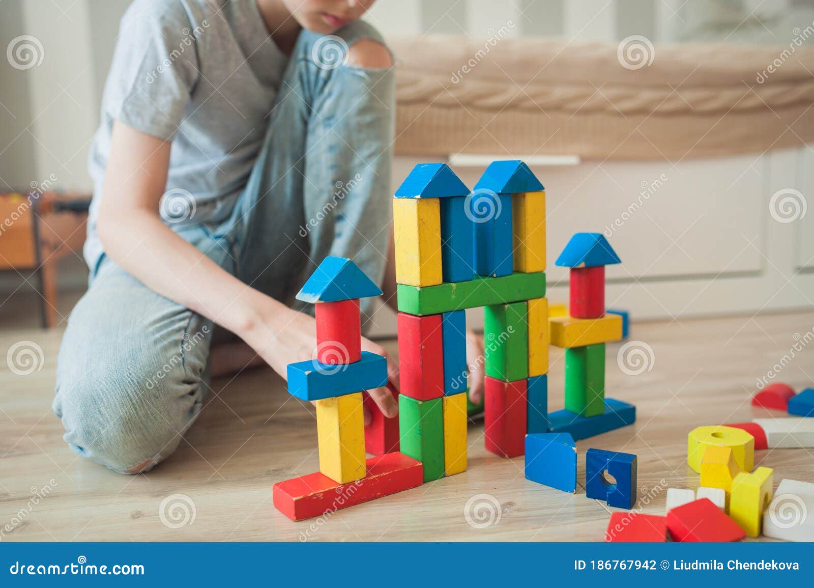 The Boy Built a Tower of Multi-colored Cubes. Focus on the Dice Stock ...