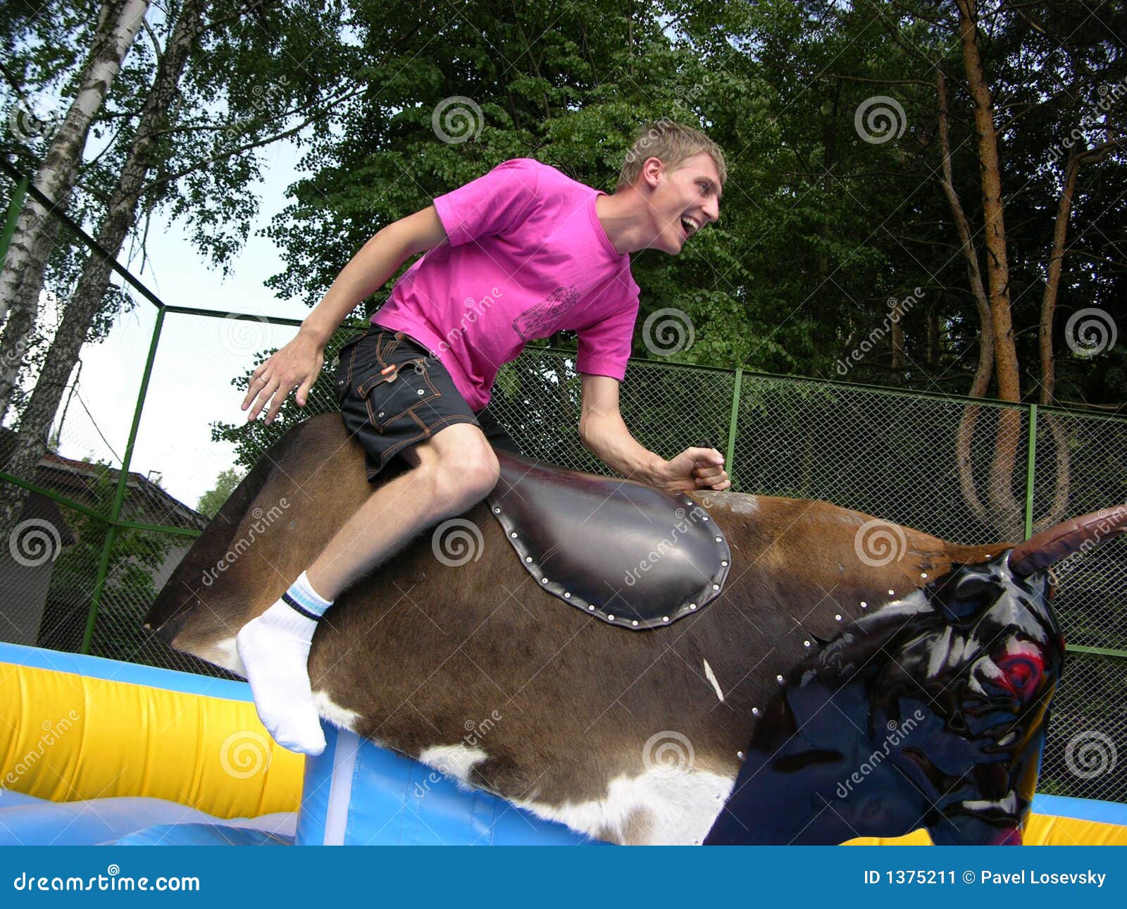 Boy on bull simulator stock image. Image of bovine, cowboy - 1375211