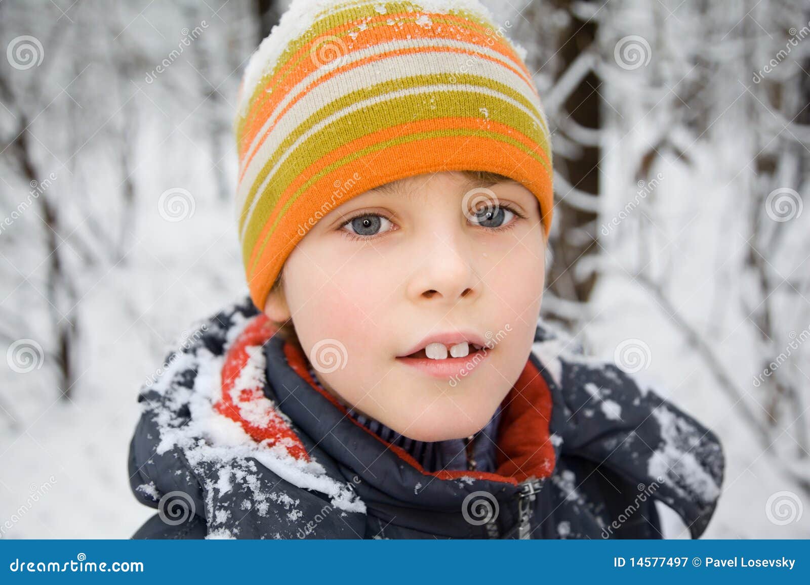 Boy in Cap with Snow on Shoulders in Winter Stock Image - Image of ...