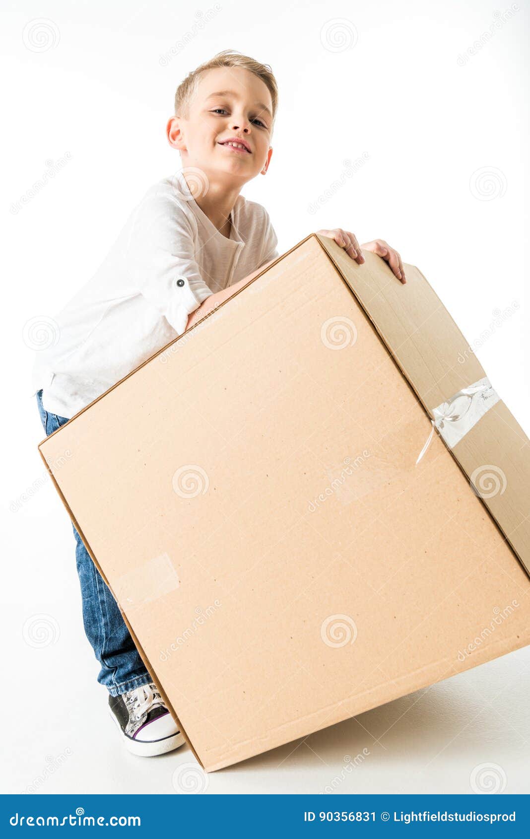 Boy with cardboard box stock image. Image of people, relocation - 90356831