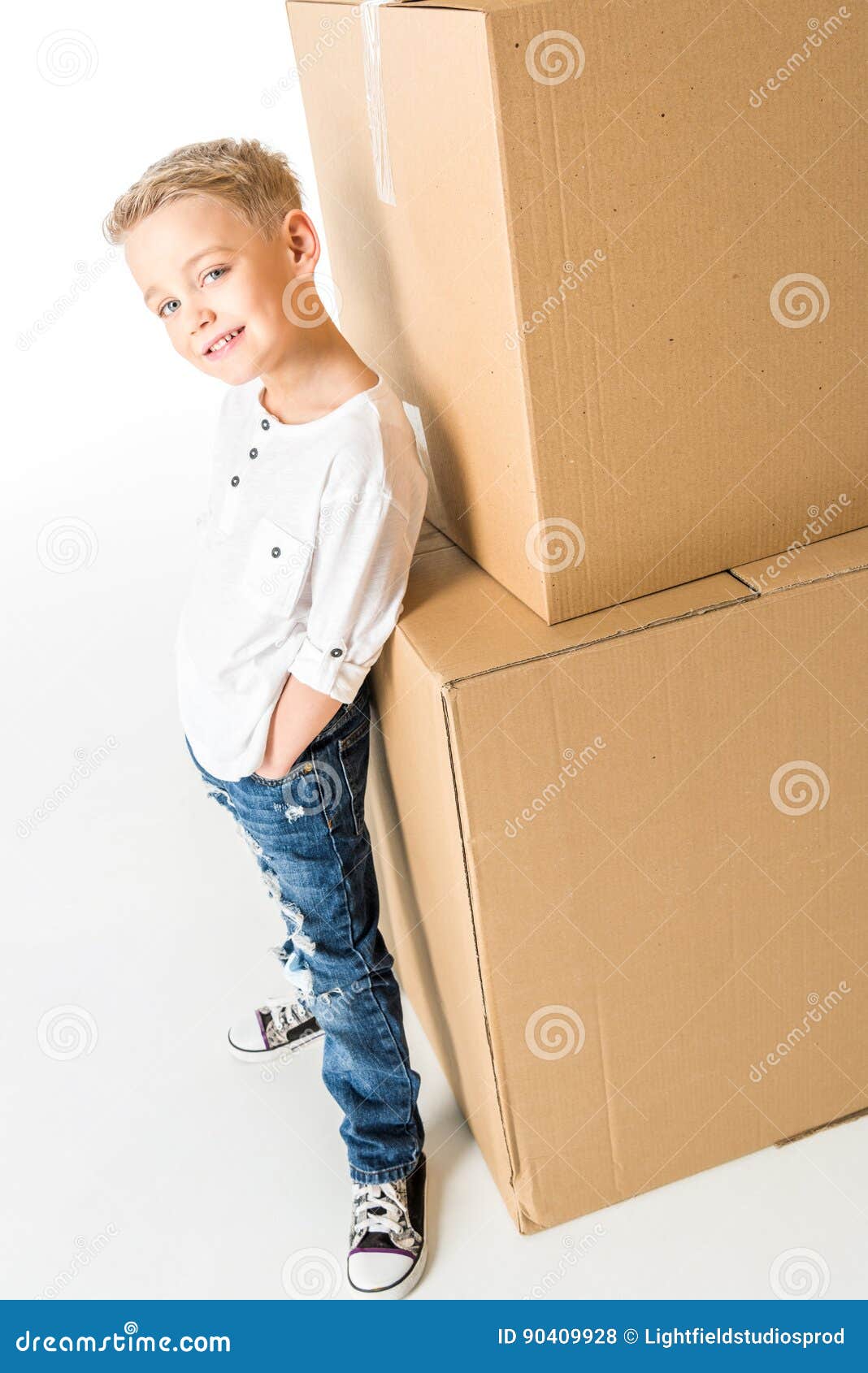Boy with cardboard boxes stock photo. Image of caucasian - 90409928