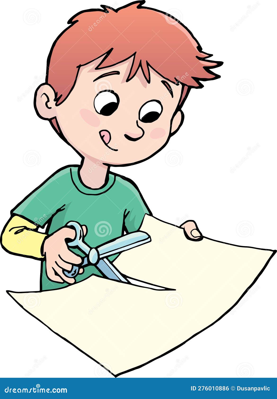 Boy Carefully Cuts the Paper with Scissors Stock Illustration ...