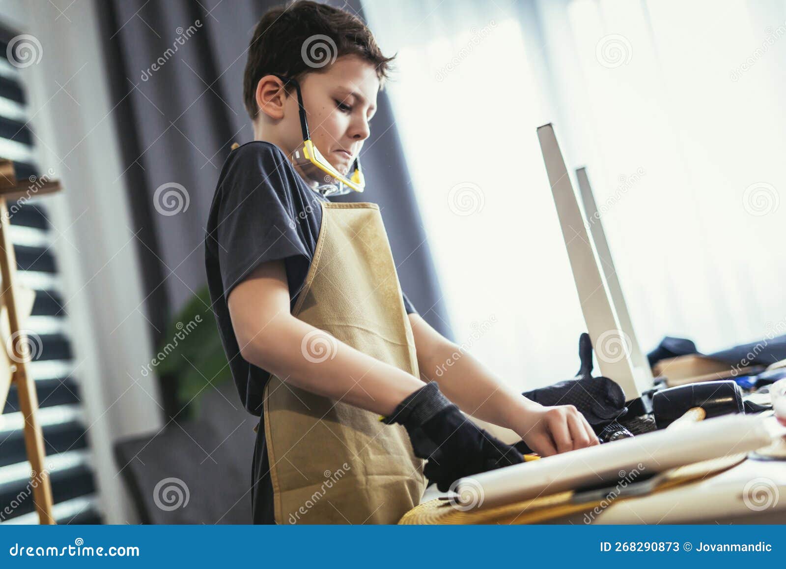 Boy Carpenter Holding and Working with Wooden at Home. Stock Image ...
