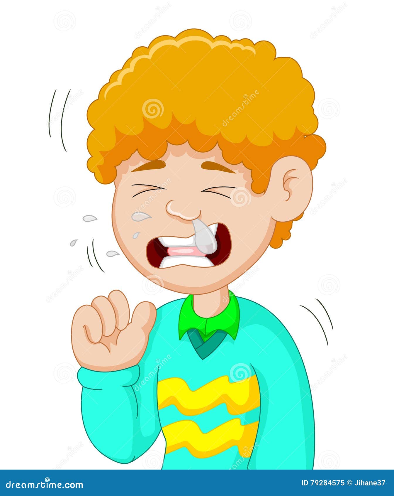 Cartoon Boy Having Cold And Fever With A Thermometer In His Mouth In ...