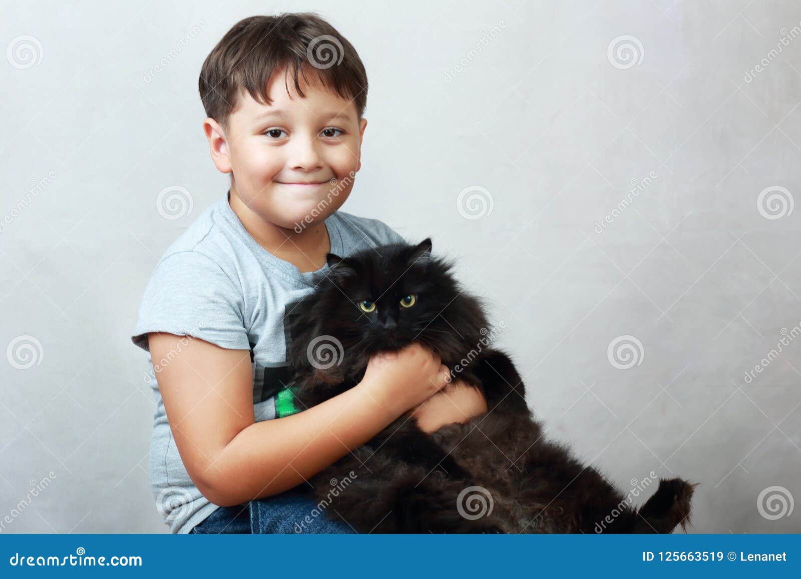 Boy with cat stock image. Image of kitten, animal, cheerful - 125663519