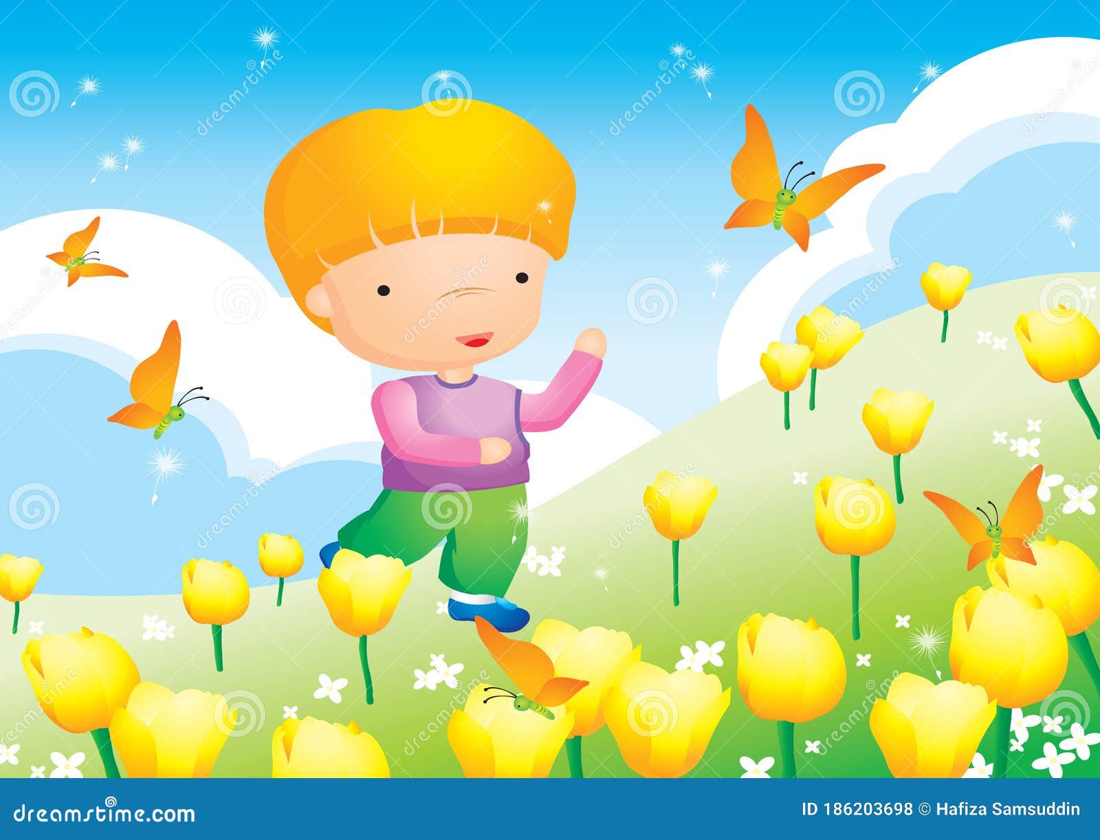 Boy Catching a Butterfly. Vector Illustration Decorative Design Stock ...