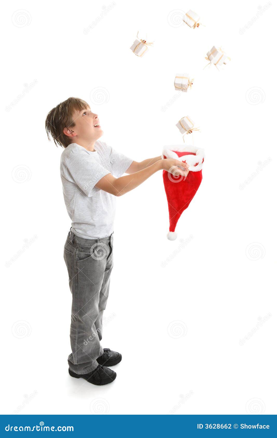 Boy catching presents stock photo. Image of santa, background - 3628662