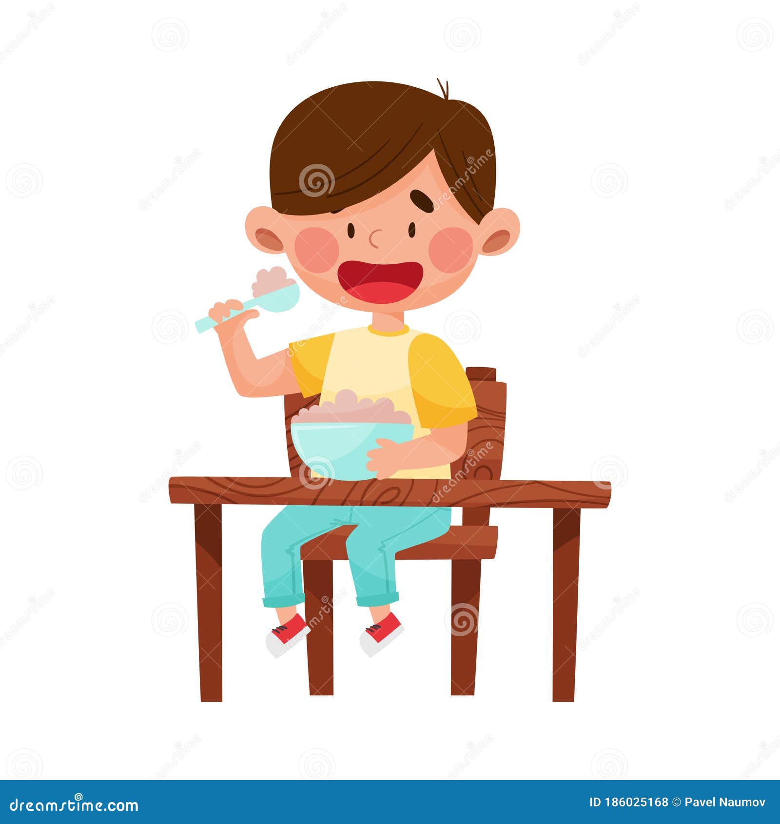 Boy Character Sitting at Table Eating Porridge for Breakfast Vector ...
