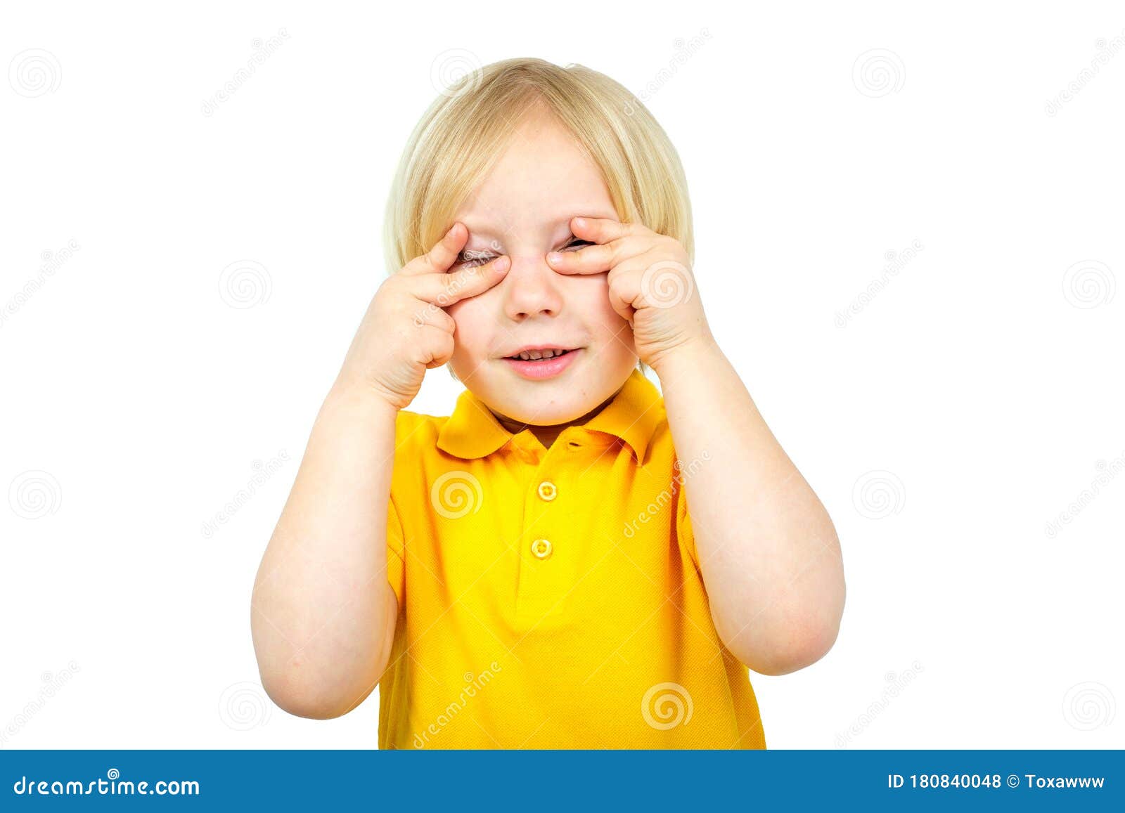 Boy Child Closes His Eyes with Hands Isolated on White Stock Photo ...