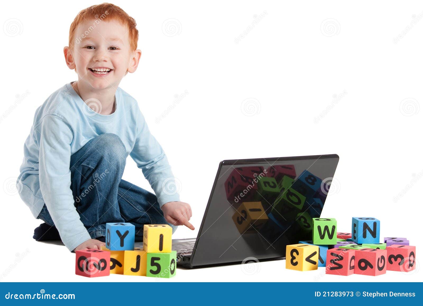 Boy Child at School with Computer and Kids Blocks Stock Image - Image ...