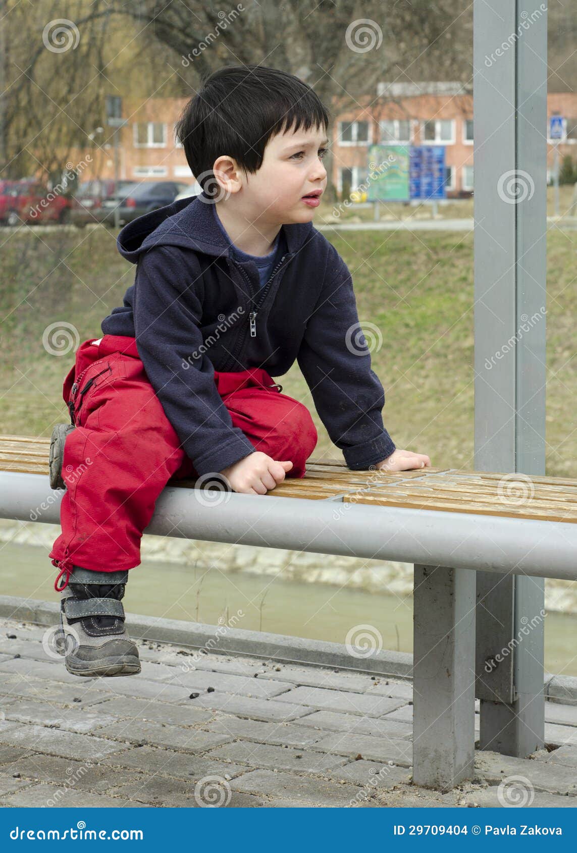 Child at bus stop stock photo. Image of cute, expression - 29709404