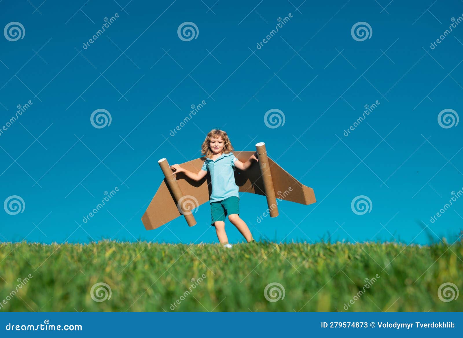 Boy Child with Wings at Sky Imagines a Pilot and Dreams of Flying ...