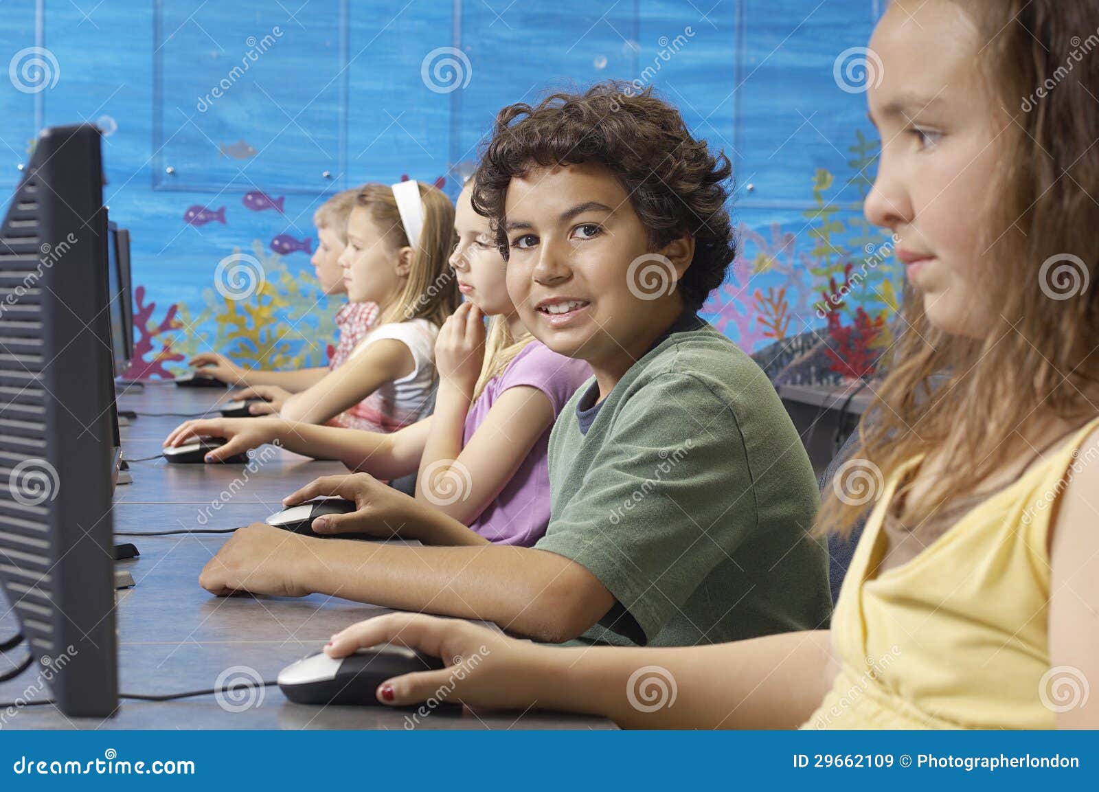Boy with Classmates in Computer Lab Stock Image - Image of educational ...