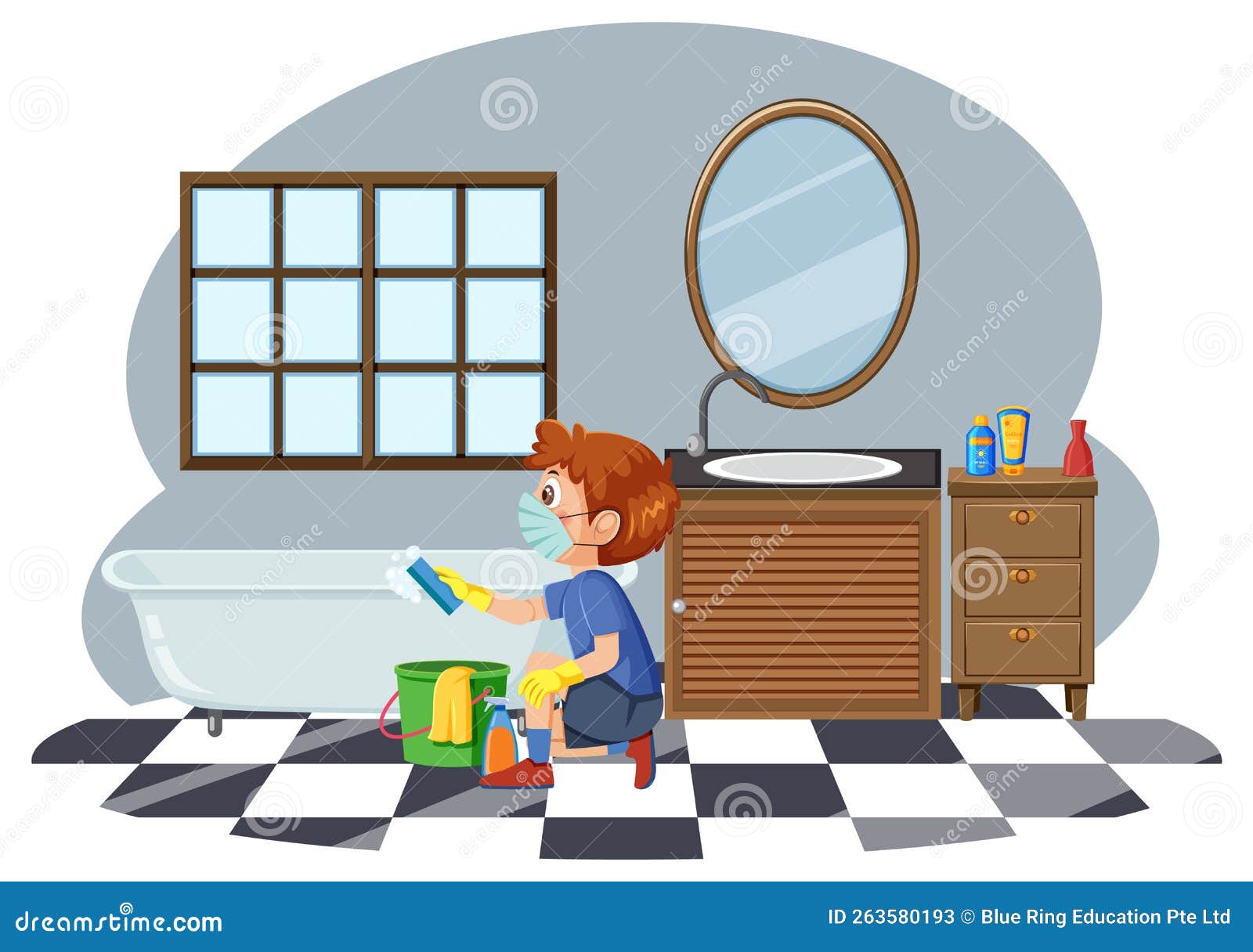 A boy cleaning bathroom stock vector. Illustration of boyhood - 263580193
