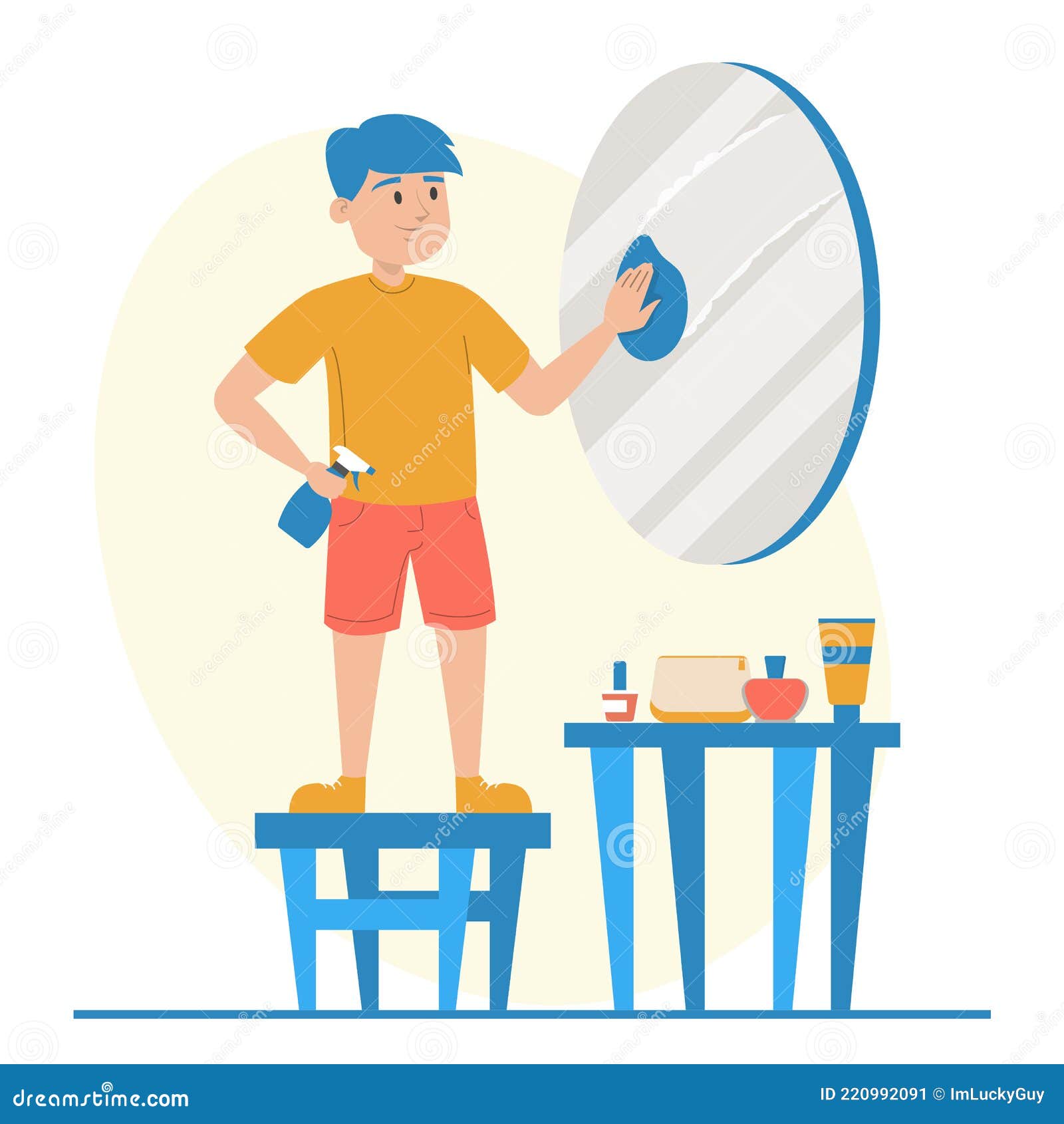 Kid Wiping Mirror Using Cloth and Spray Stock Vector - Illustration of ...