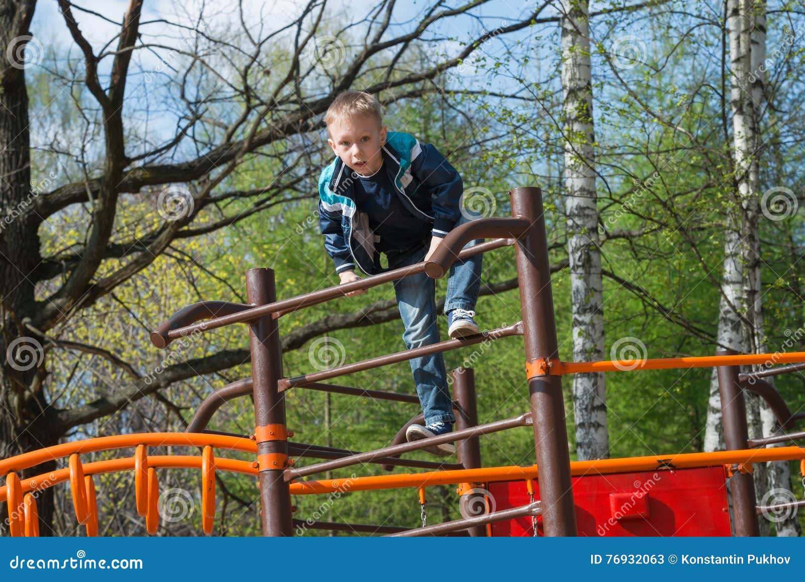 The boy climbed the ladder stock image. Image of leisure - 76932063
