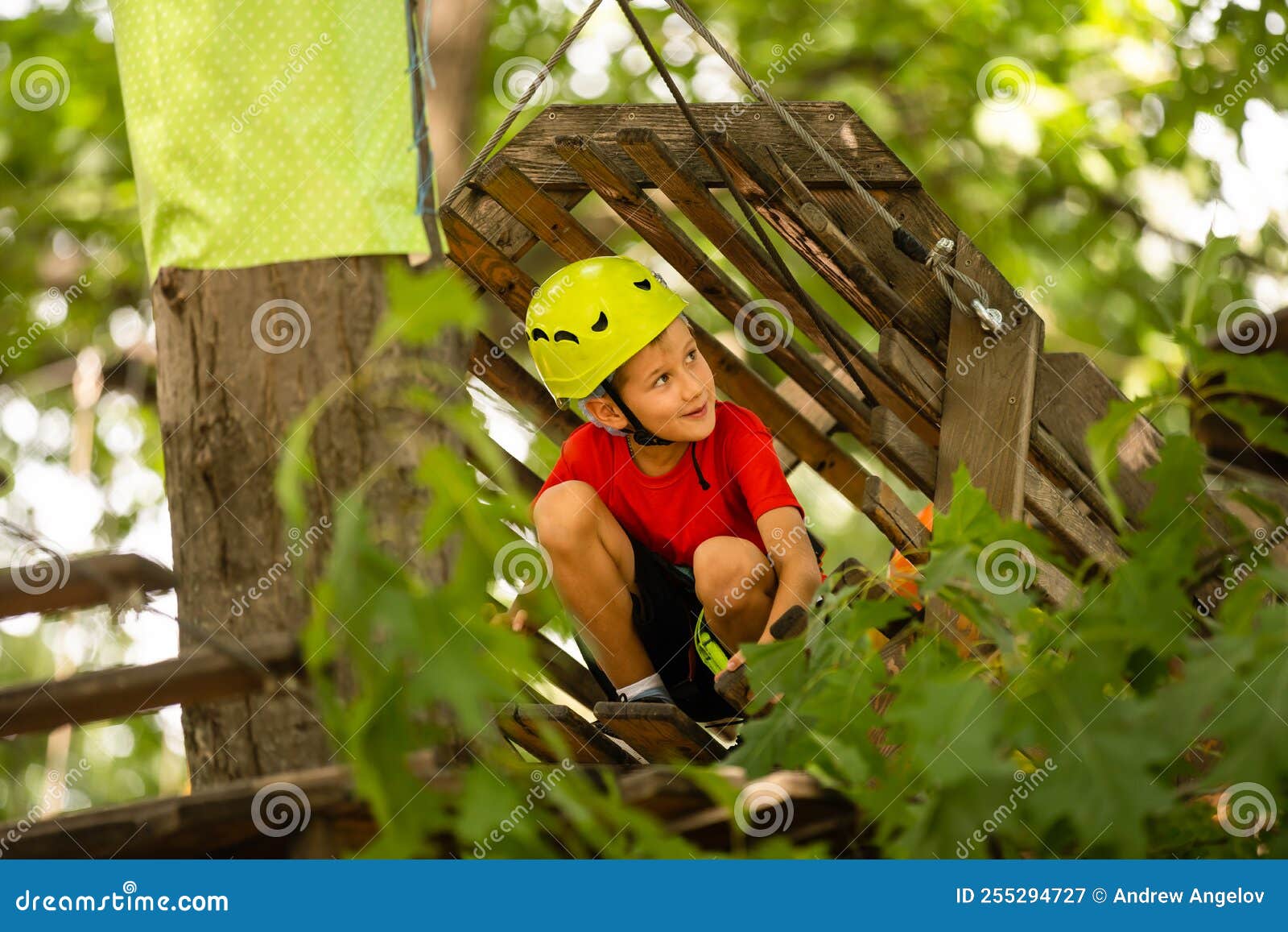 Boy Climber Walks on the Rope Bridge, Stock Image - Image of extreme ...