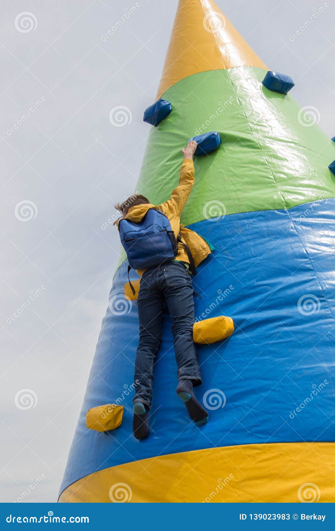 Boy Climbing on Cone Shaped Climbing Course Stock Image - Image of ...