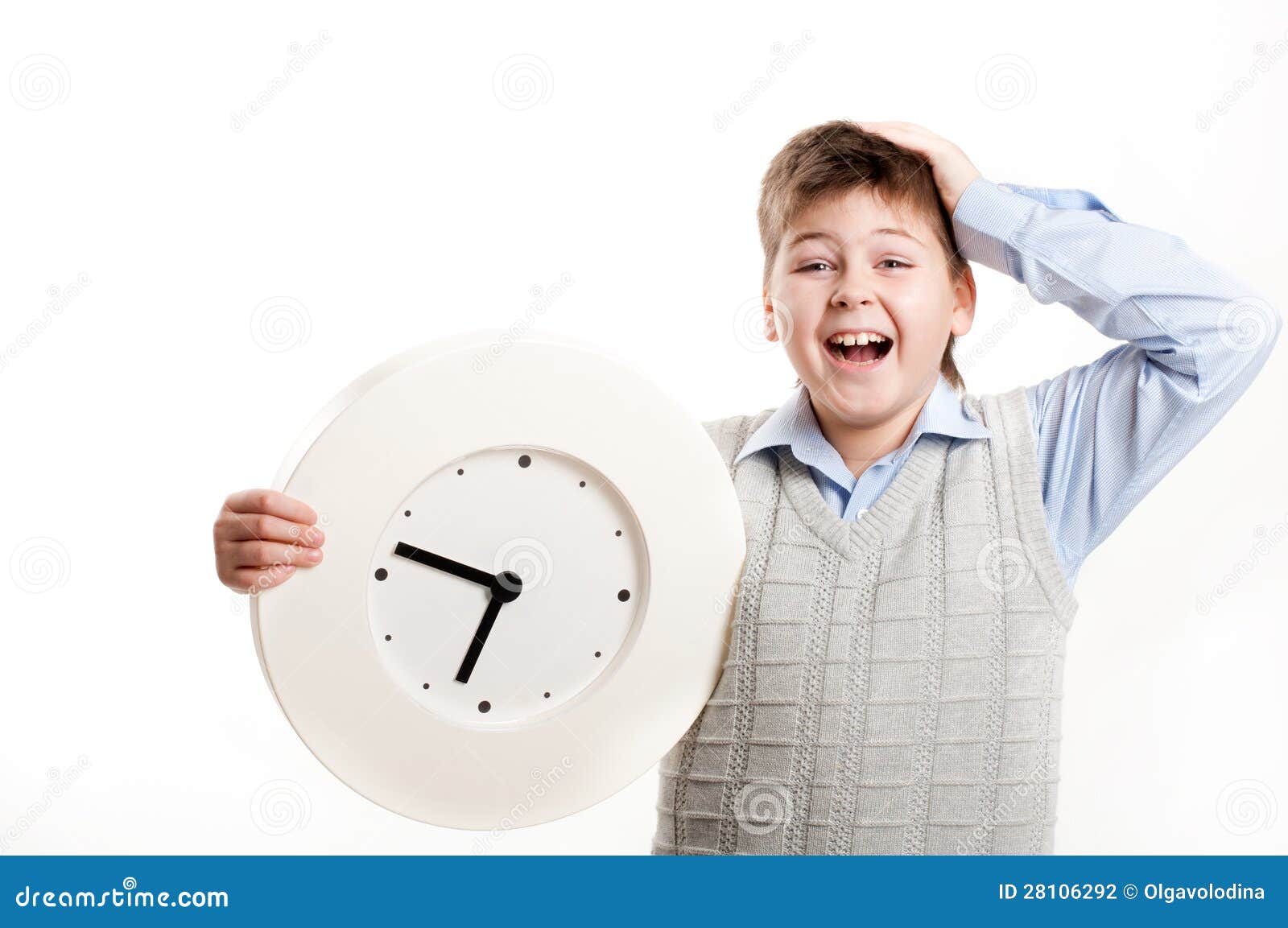 Boy with a Clock on a Light Background Stock Photo - Image of ...