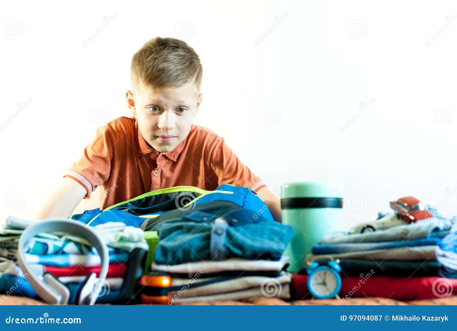 The Boy Collects His Things on the Trip Stock Image - Image of ...